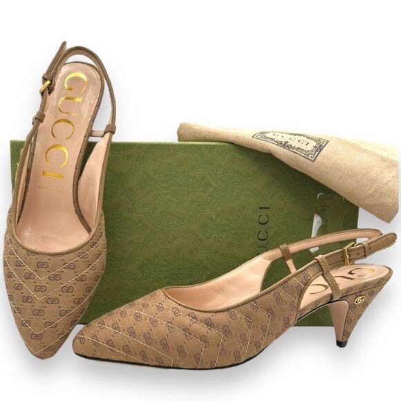 Gucci | Shoes | Gucci Womens Marmont Brown Gg Canvas Leather Slingback ...